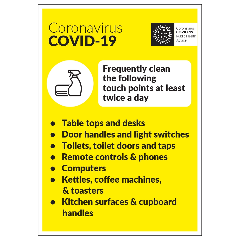 COVID-19 Frequently Clean The Following Touch Points Sign Social Distancing