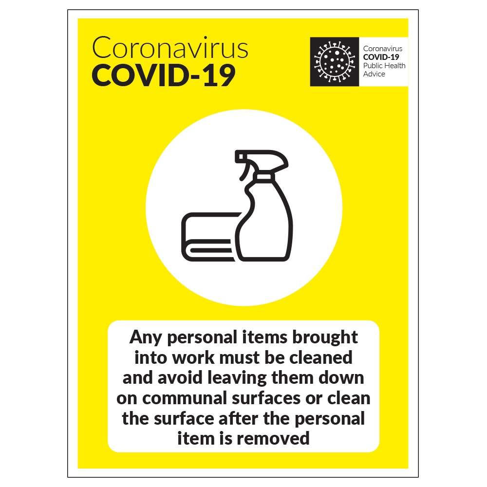 COVID-19 Personal Items Into Work Must Be Cleaned Sign
