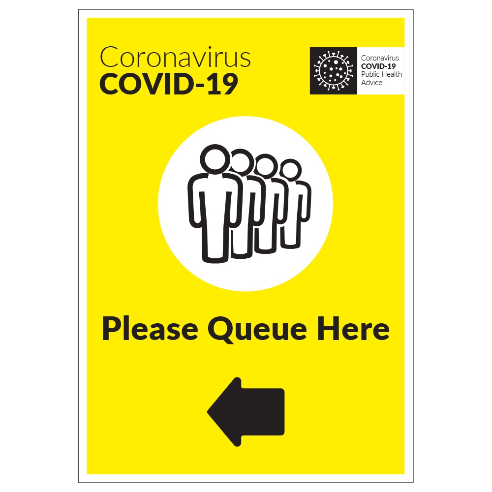 COVID-19 Please Queue Here Arrow Left Sign