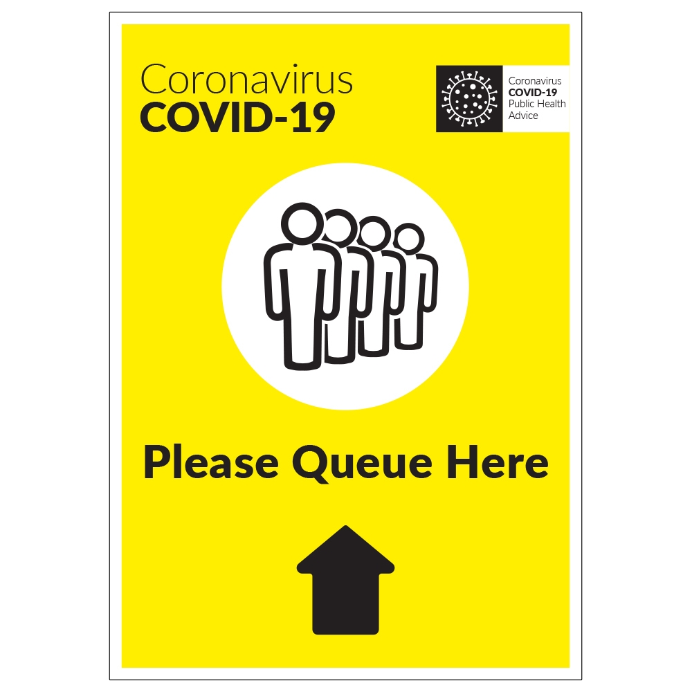 COVID-19 Please Queue Here Arrow Up Sign