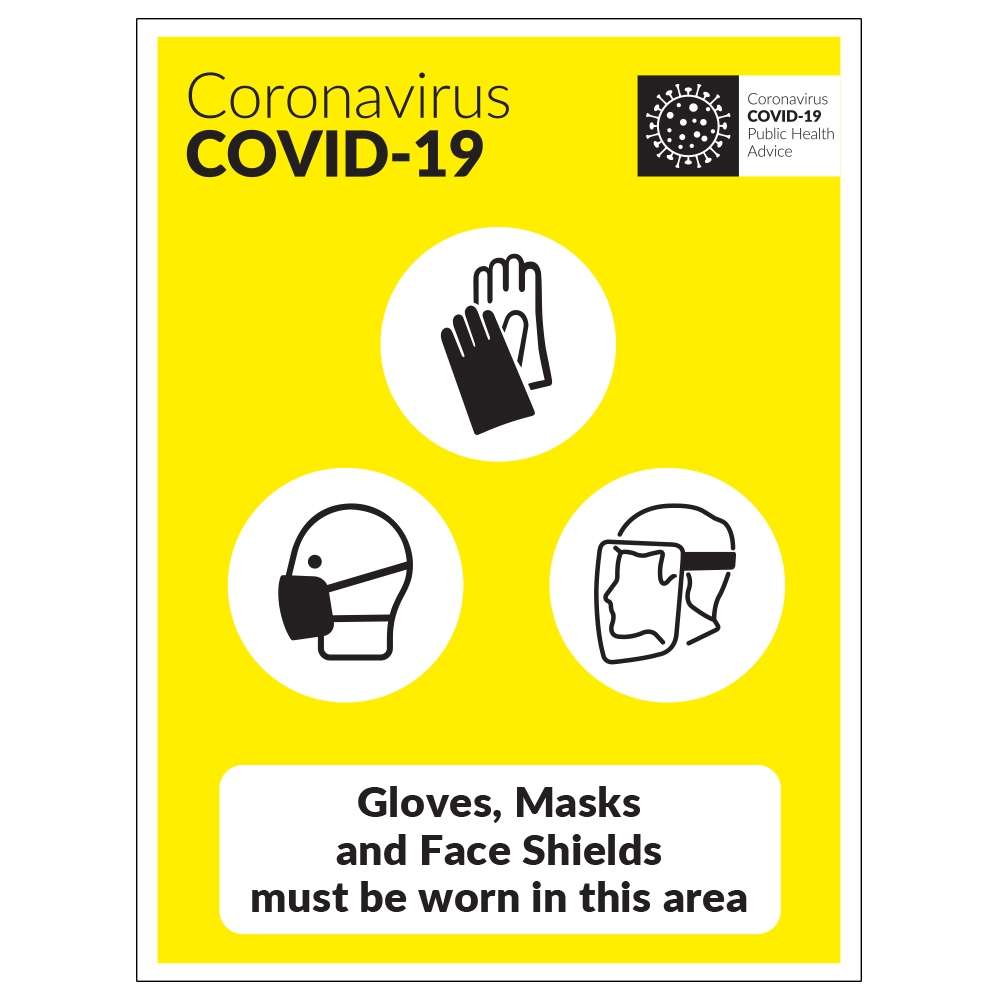 Gloves Masks And Face Shields Must Be Worn In This Area Sign