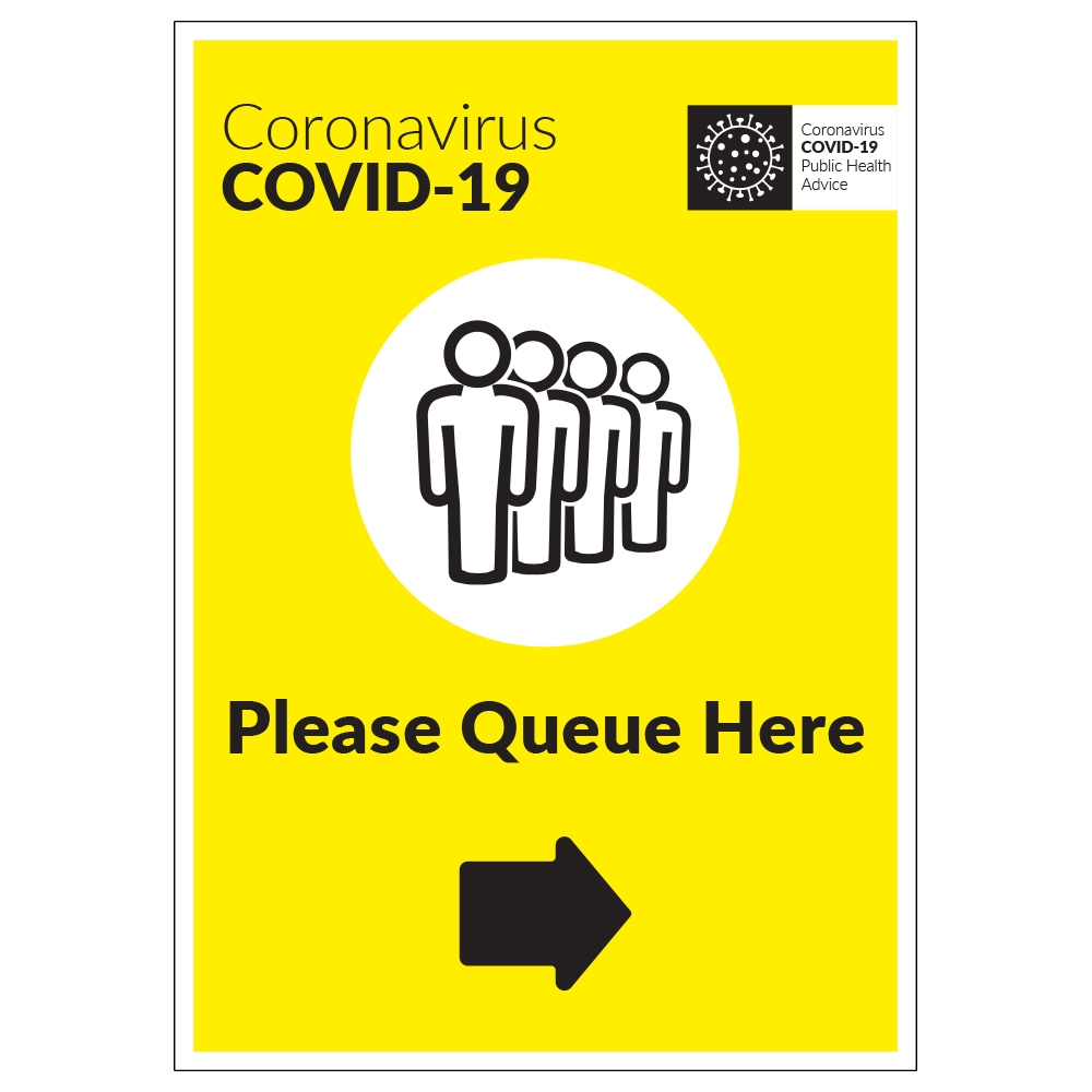 COVID-19 Please Queue Here Arrow Right Sign