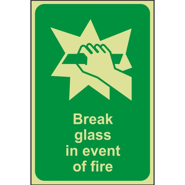 In Event Of Fire Break Glass Photoluminescent Escape Fire Safety Signs