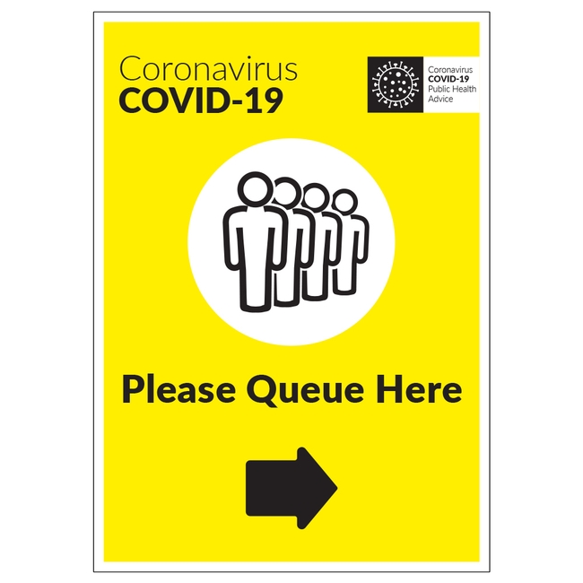 COVID-19 Please Queue Here Arrow Right Sign